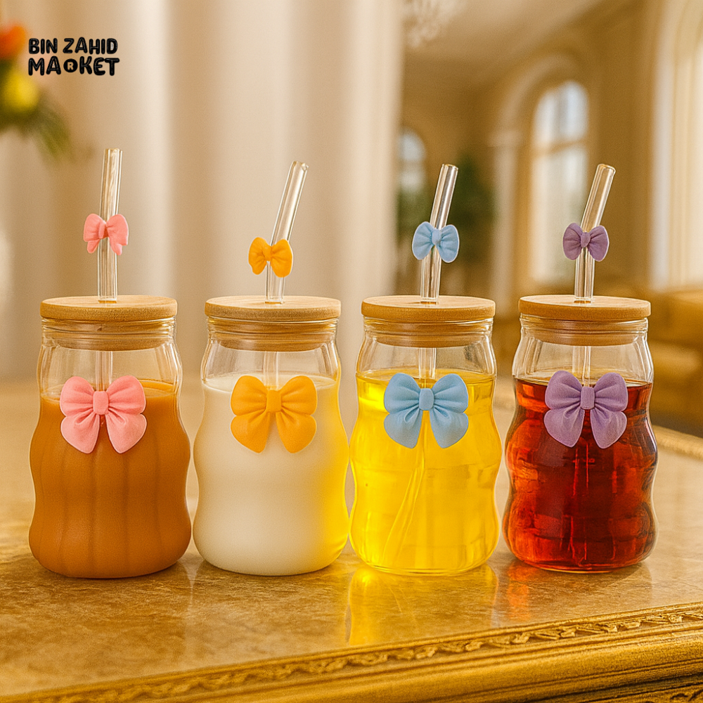 LUXURY GLASS JUICE JARS WITH STRAW AND BOW – ELEGANT DRINKING MUG ...